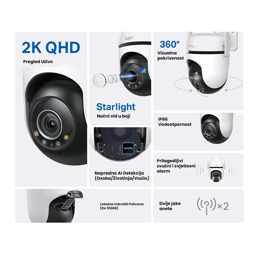 TP-LinkTapo C520WS Vanjski Pan/Tilt sigurnosna Wi-Fi kamera, 2K QHD (2560x1440), 2,4 GHz, 2T2R ...