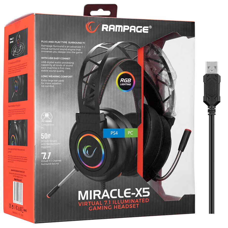 Slušalice sa mikrofonom gaming RAMPAGE Miracle-X5 Black RGB Led 7.1 ...